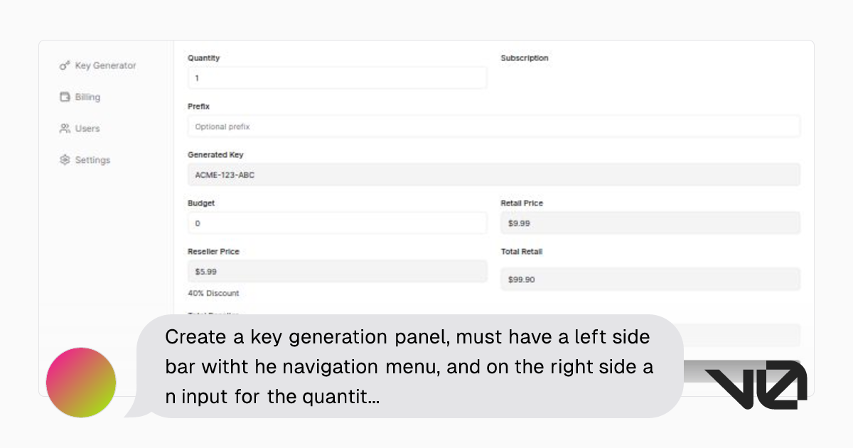 Create a key generation panel, must have a left sidebar witht he ...
