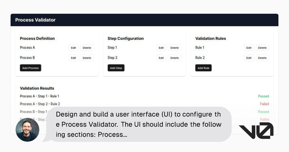 Design and build a user interface (UI) to configure the Process Validator. The UI should include ...