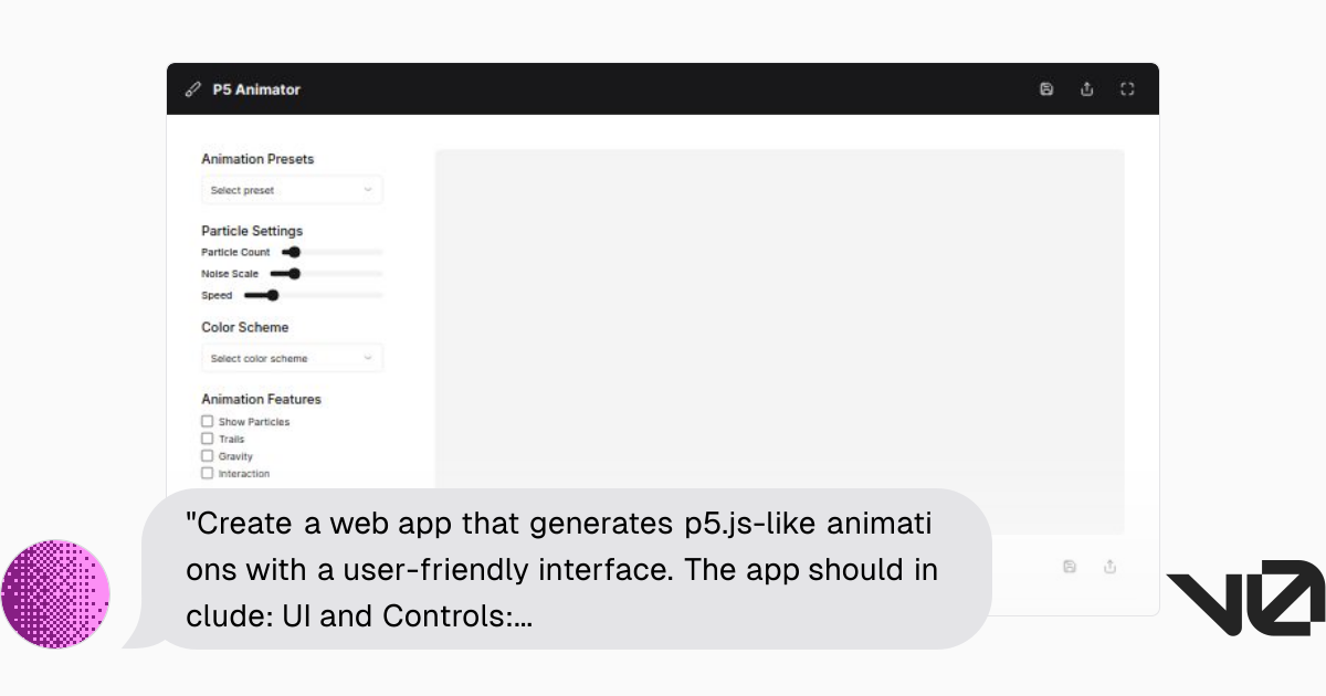 "Create a web app that generates p5.js-like animations with a user ...
