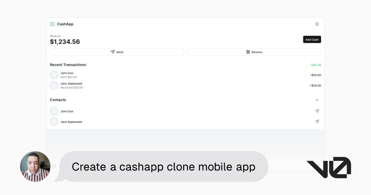 Create a cashapp clone mobile app | A shadcn/ui and v0 generation - v0