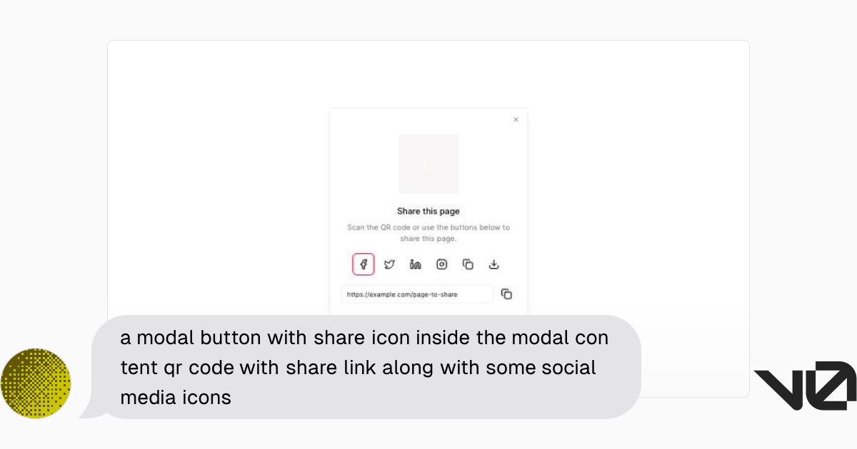 a modal button with share icon inside the modal content qr code with ...