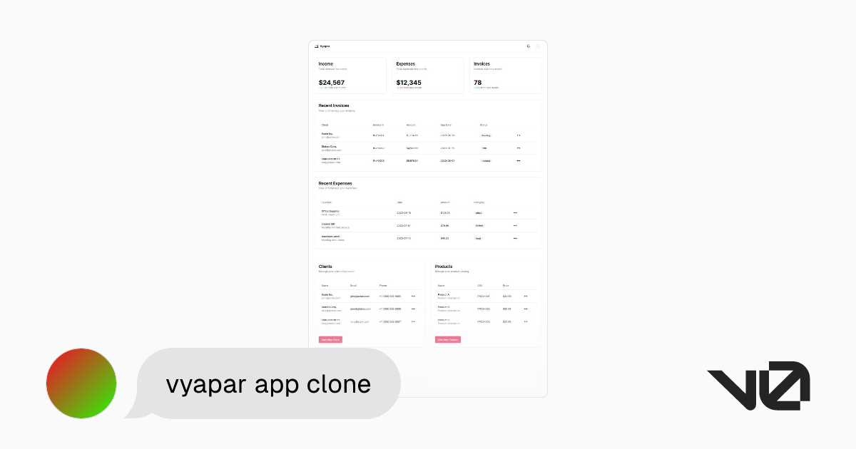 vyapar app clone | A shadcn/ui and v0 generation - v0