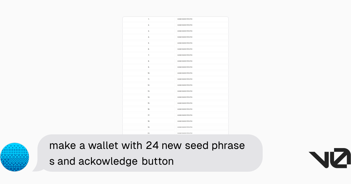 make a wallet with 24 new seed phrases and ackowledge button | A shadcn ...