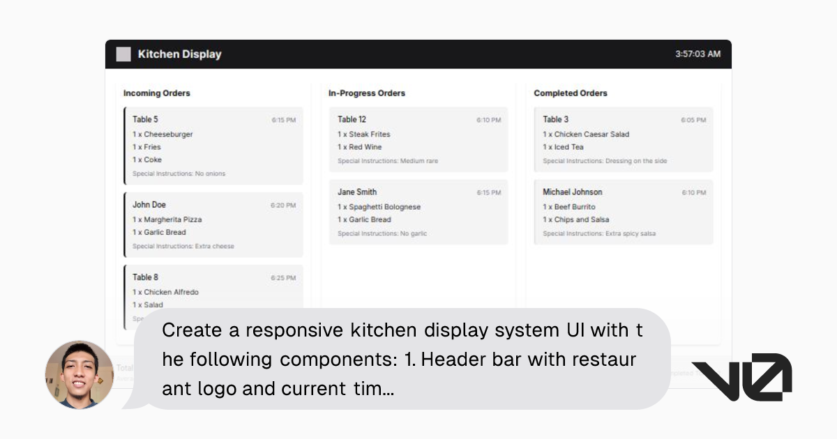 Create a responsive kitchen display system UI with the following components: 1. Header bar with ...