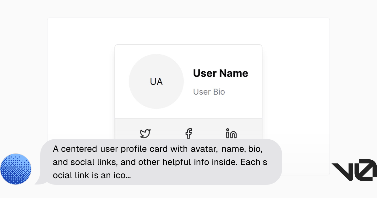 A centered user profile card with avatar, name, bio, and social links ...