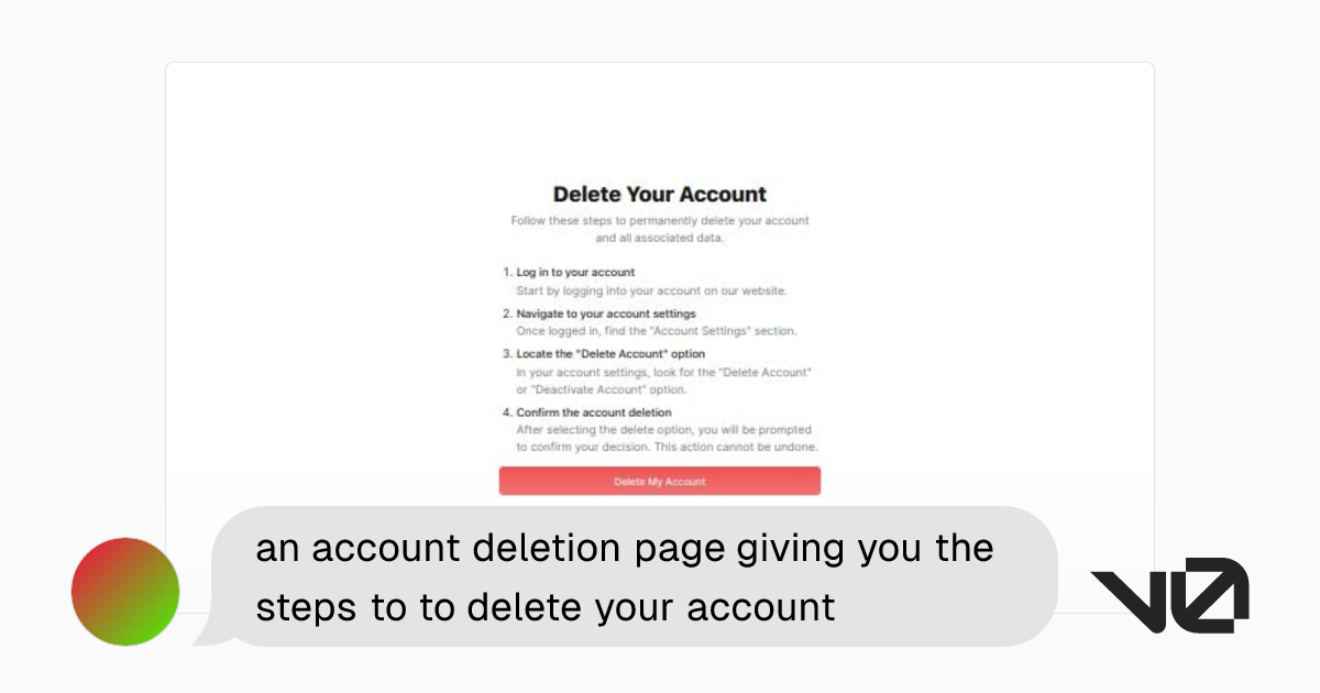 an account deletion page giving you the steps to to delete your account | A shadcn/ui and v0 ...
