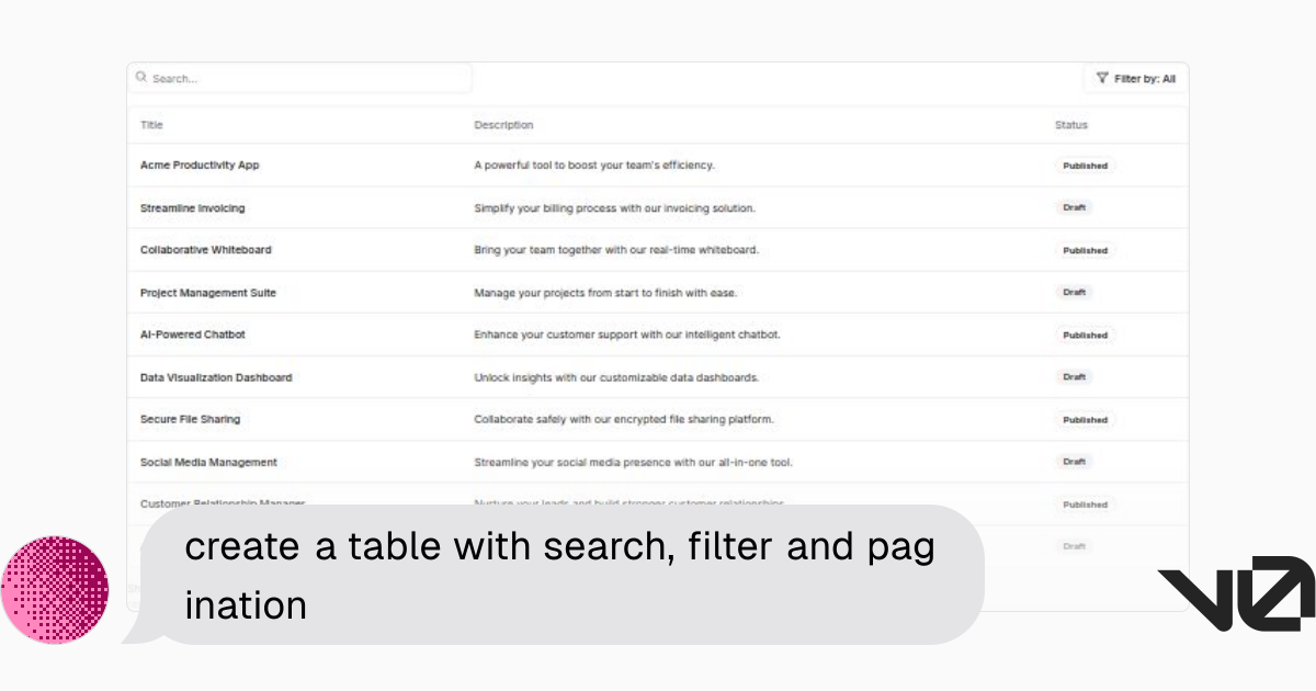 create a table with search, filter and pagination | A shadcn/ui and v0 ...