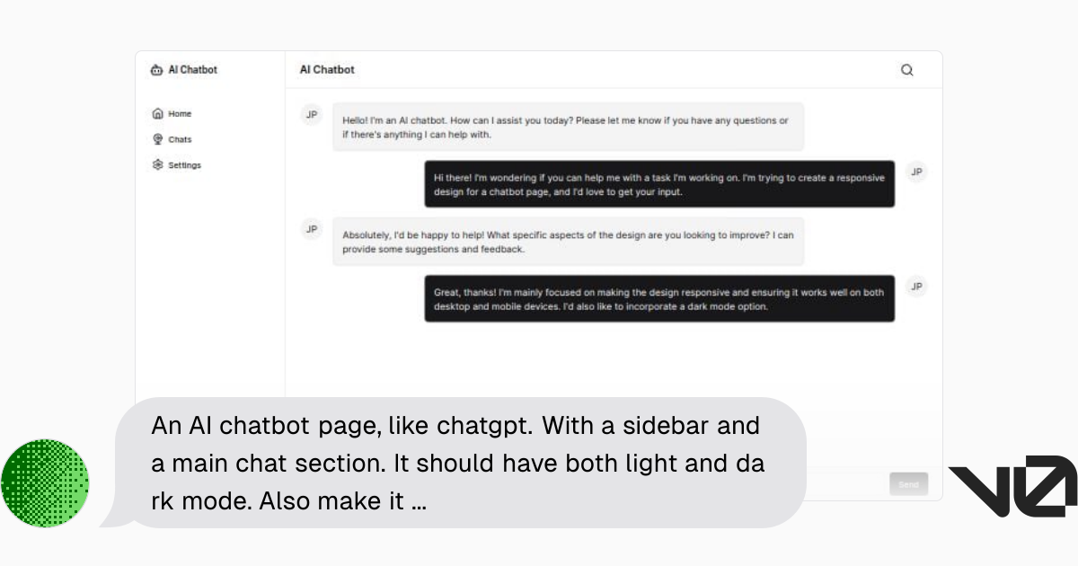 An AI chatbot page, like chatgpt. With a sidebar and a main chat ...