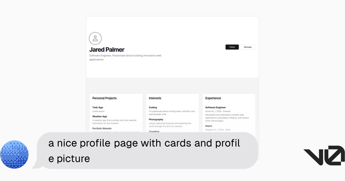 a nice profile page with cards and profile picture | A shadcn/ui and v0 ...