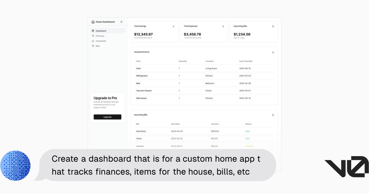 Create a dashboard that is for a custom home app that tracks finances ...