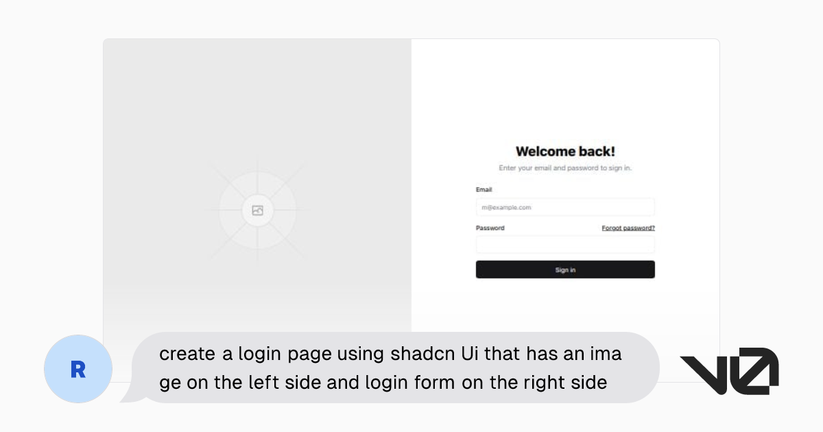create a login page using shadcn Ui that has an image on the left side and login form on the ...