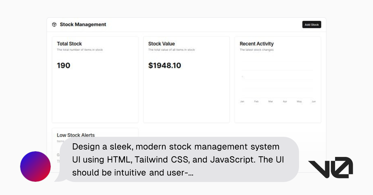 Design a sleek, modern stock management system UI using HTML, Tailwind CSS, and JavaScript. The ...