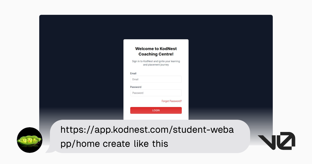 https://app.kodnest.com/student-webapp/home create like this | A shadcn/ui and v0 generation - v0