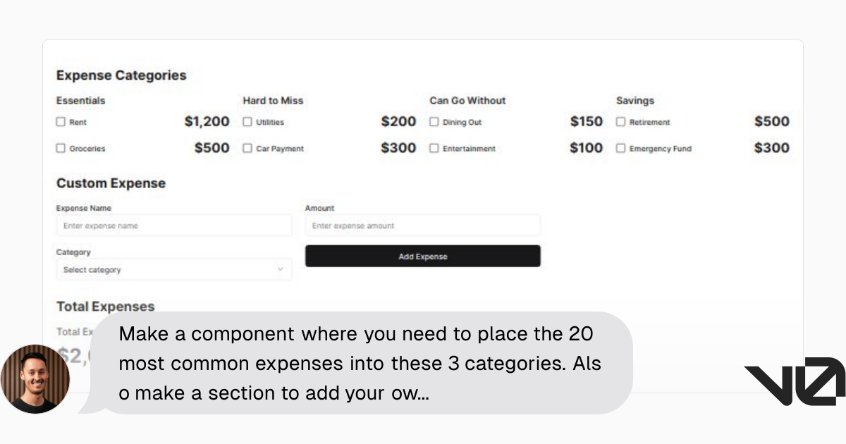 Make a component where you need to place the 20 most common expenses ...