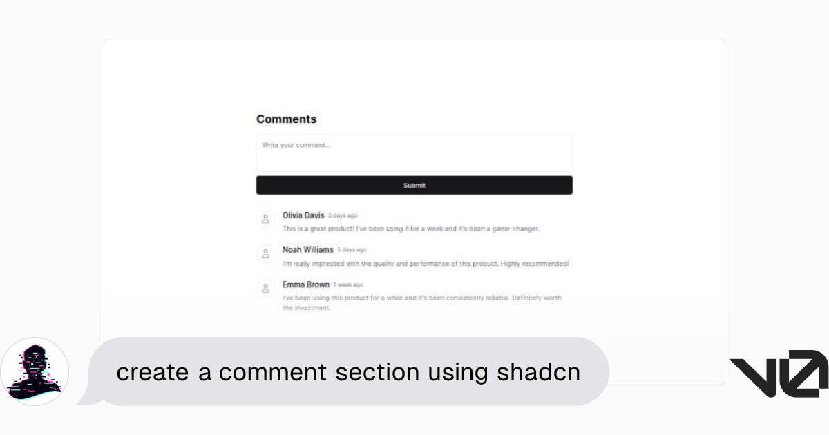 create a comment section using shadcn | A shadcn/ui and v0 generation - v0