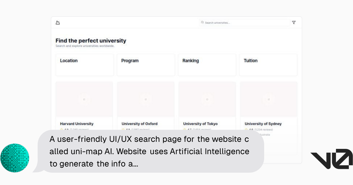 A user-friendly UI/UX search page for the website called uni-map AI ...