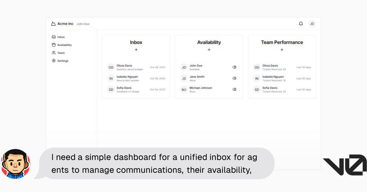 I need a simple dashboard for a unified inbox for agents to manage ...