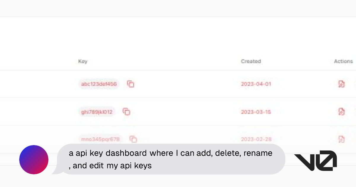 a api key dashboard where I can add, delete, rename, and edit my api keys | A shadcn/ui and v0 ...