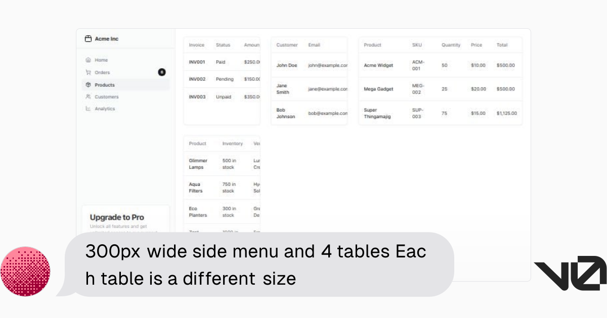 300px wide side menu and 4 tables Each table is a different size | A ...