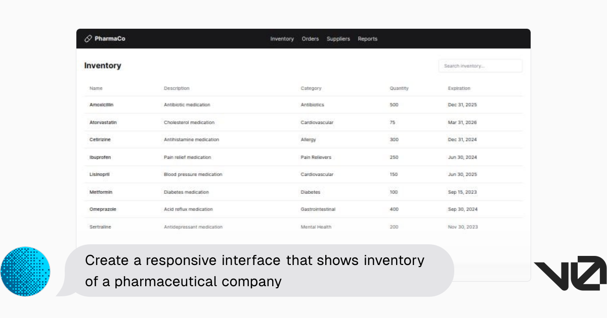 Create a responsive interface that shows inventory of a pharmaceutical ...