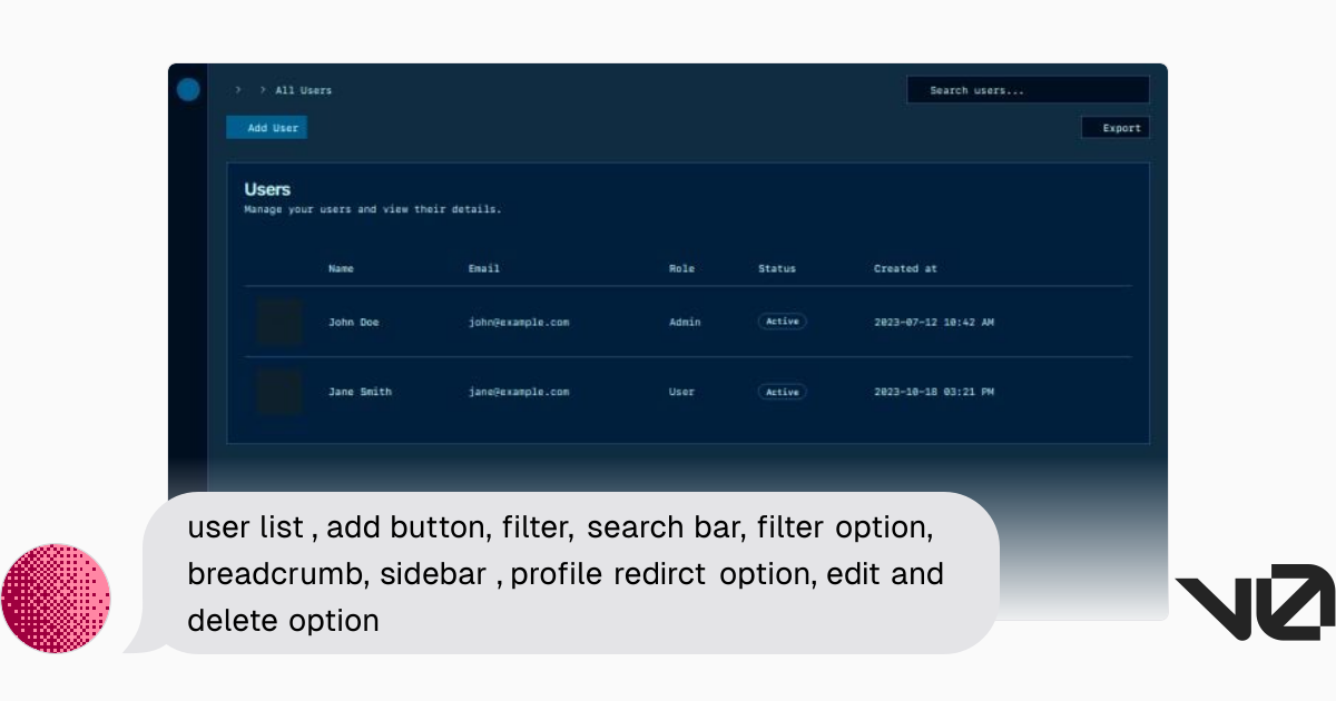user list , add button, filter, search bar, filter option, breadcrumb ...