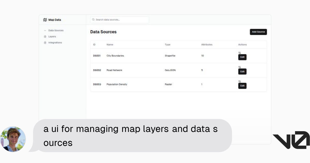a ui for managing map layers and data sources | A shadcn/ui and v0 ...