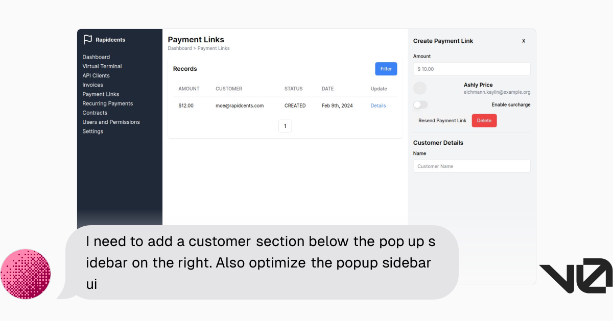 I need to add a customer section below the pop up sidebar on the right ...