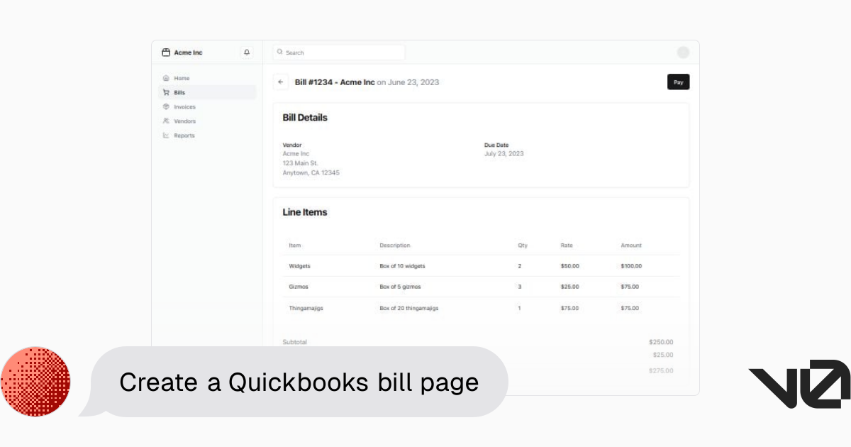 Create a Quickbooks bill page | A shadcn/ui and v0 generation - v0