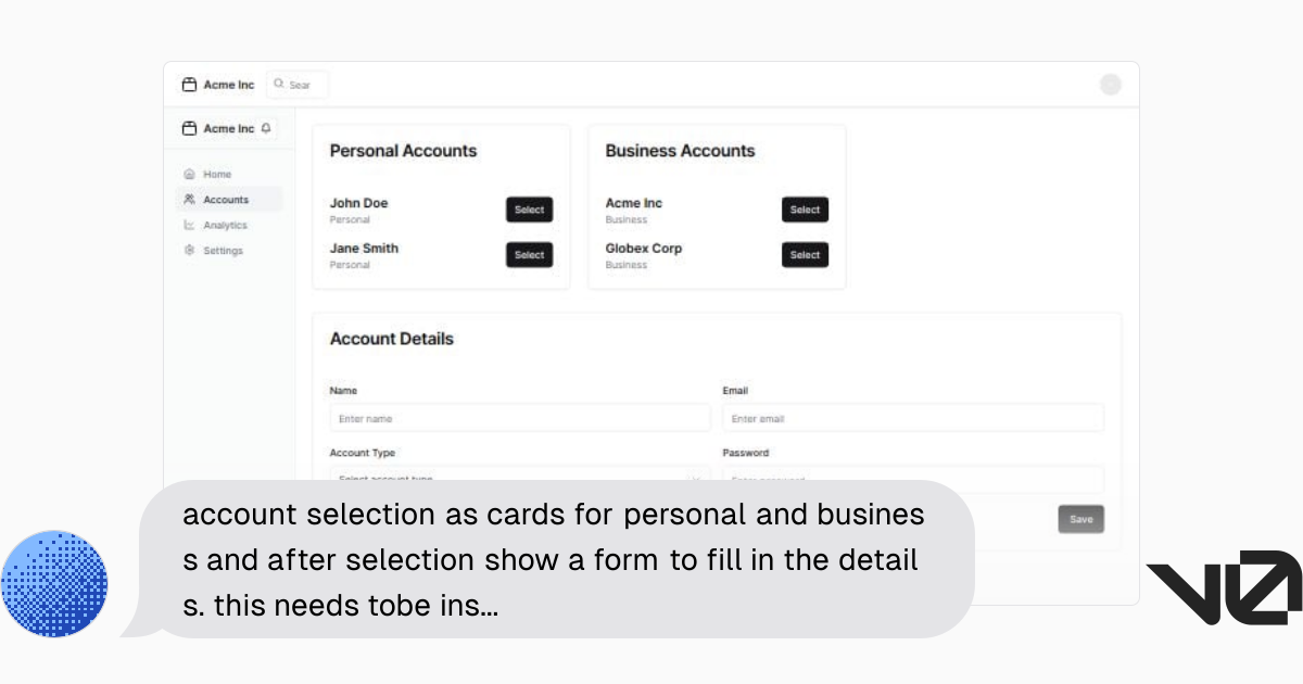 account selection as cards for personal and business and after ...