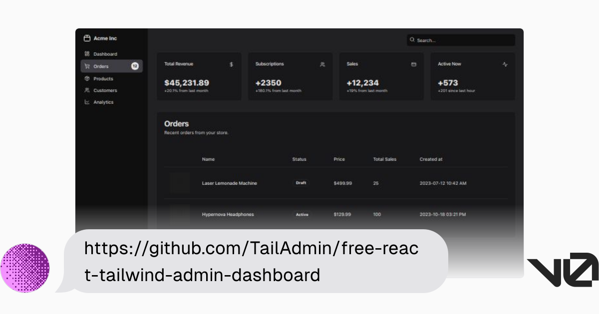 https://github.com/TailAdmin/free-react-tailwind-admin-dashboard | A shadcn/ui and v0 generation ...