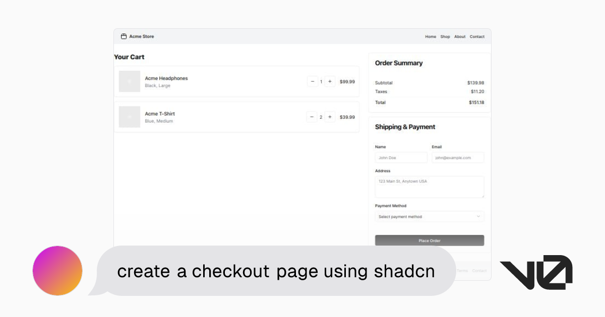 create a checkout page using shadcn | A shadcn/ui and v0 generation - v0