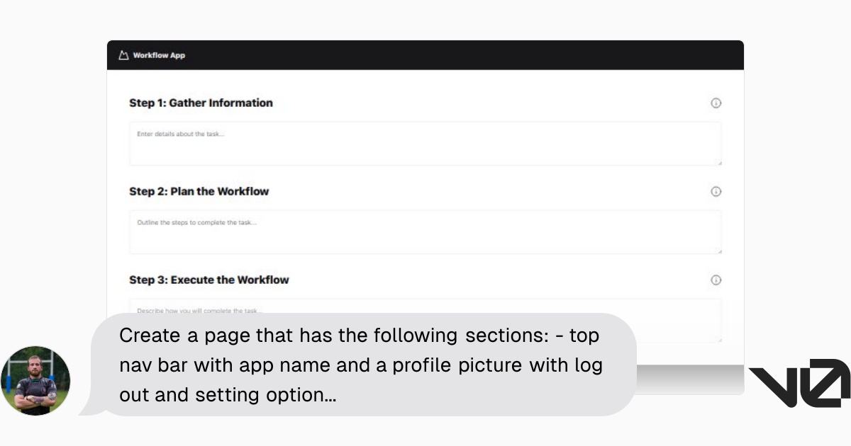 Create a page that has the following sections: - top nav bar with app ...