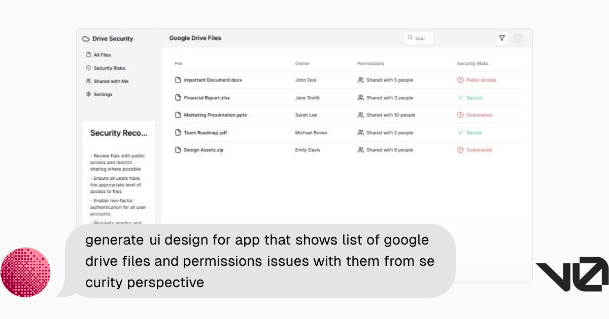 generate ui design for app that shows list of google drive files and ...