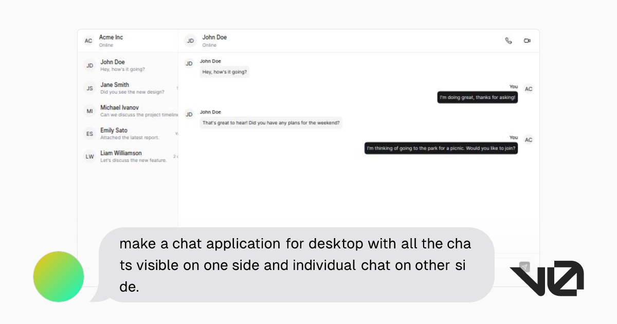 make a chat application for desktop with all the chats visible on one side and individual chat ...
