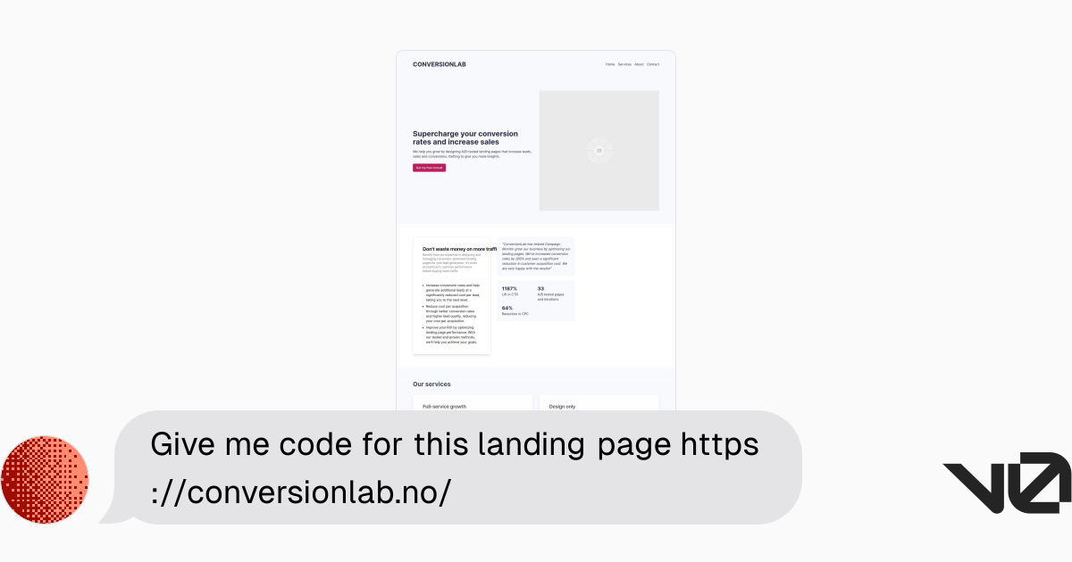 Give me code for this landing page https://conversionlab.no/ | A shadcn ...