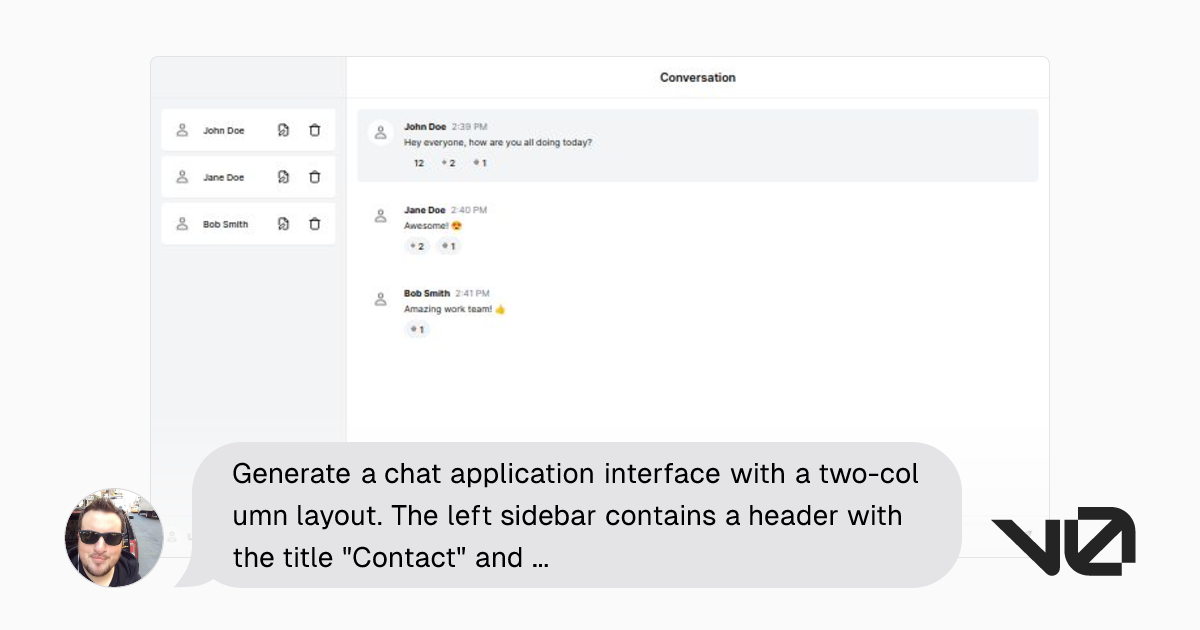 Generate a chat application interface with a two-column layout. The ...