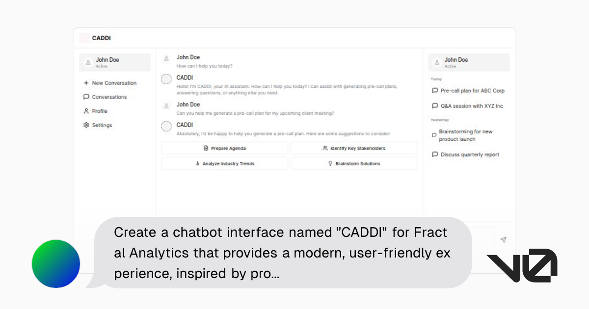 Create a chatbot interface named "CADDI" for Fractal Analytics that provides a modern, user ...