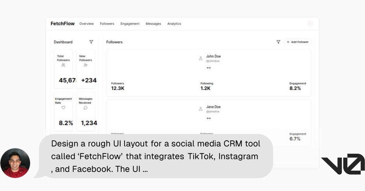 Design a rough UI layout for a social media CRM tool called ‘FetchFlow ...