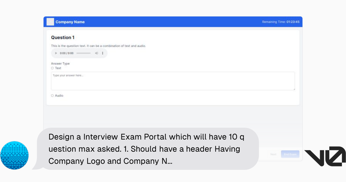 Design a Interview Exam Portal which will have 10 question max asked. 1 ...