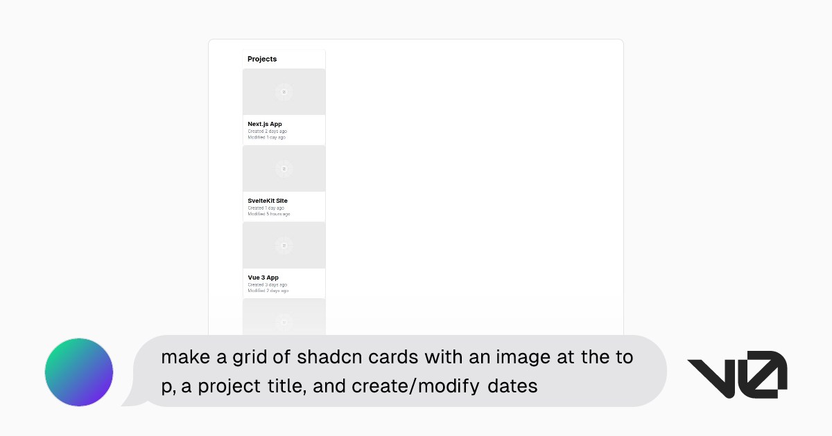 make a grid of shadcn cards with an image at the top, a project title ...