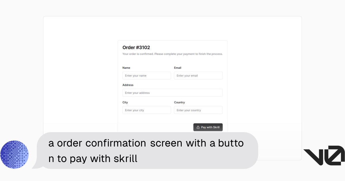 a order confirmation screen with a button to pay with skrill | A shadcn ...