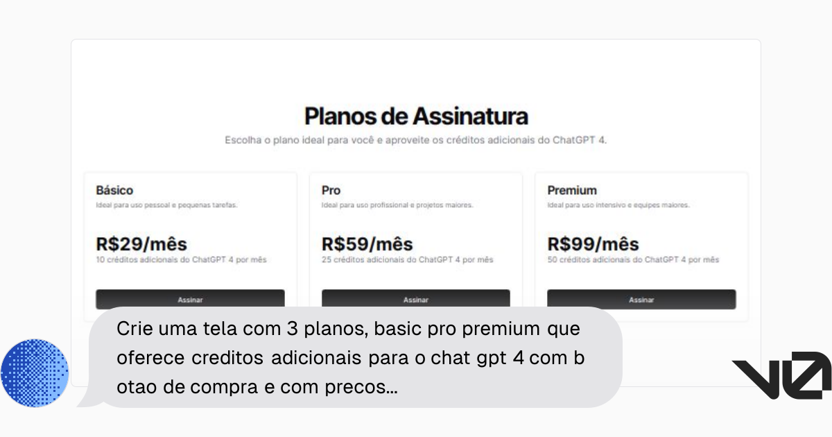 Crie uma tela com 3 planos, basic pro premium que oferece creditos ...