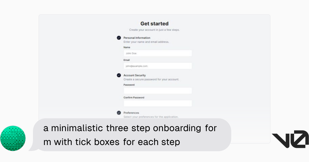 a minimalistic three step onboarding form with tick boxes for each step ...