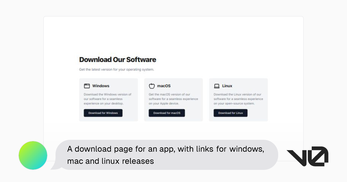 A download page for an app, with links for windows, mac and linux releases | A shadcn/ui and v0 ...