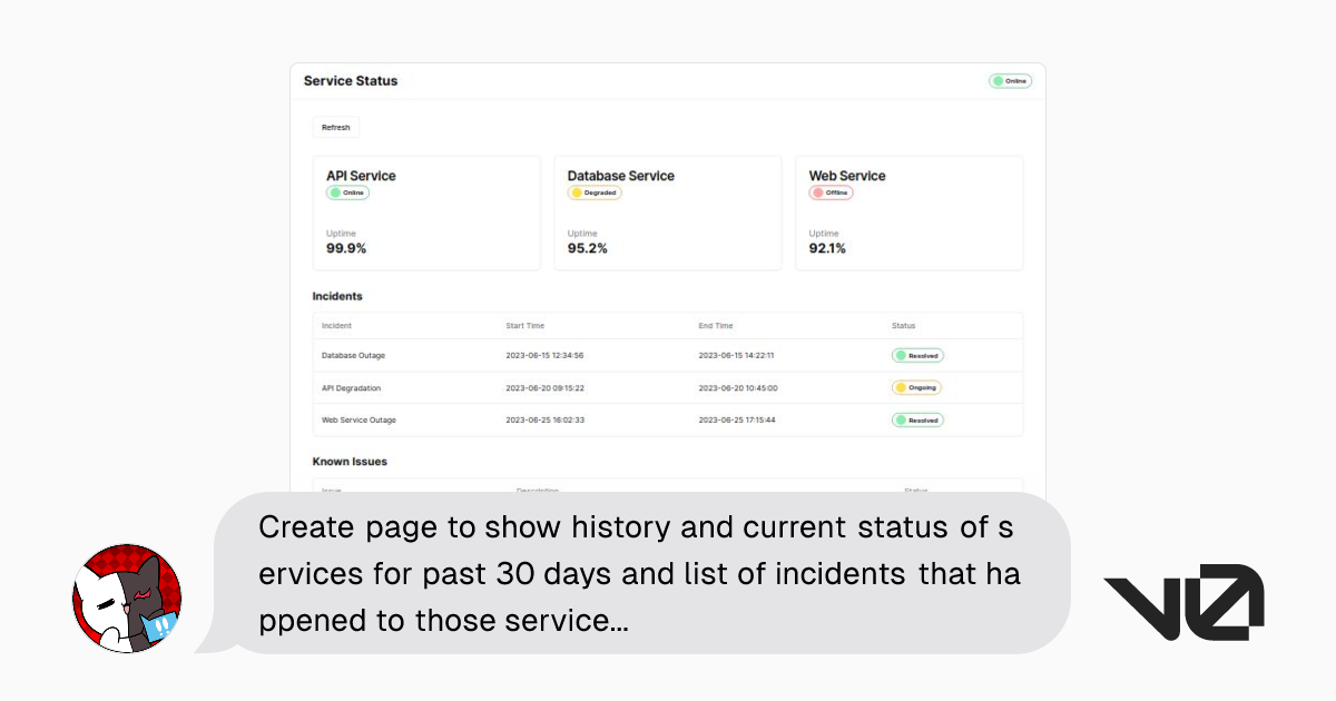 Create page to show history and current status of services for past 30 days and list of ...