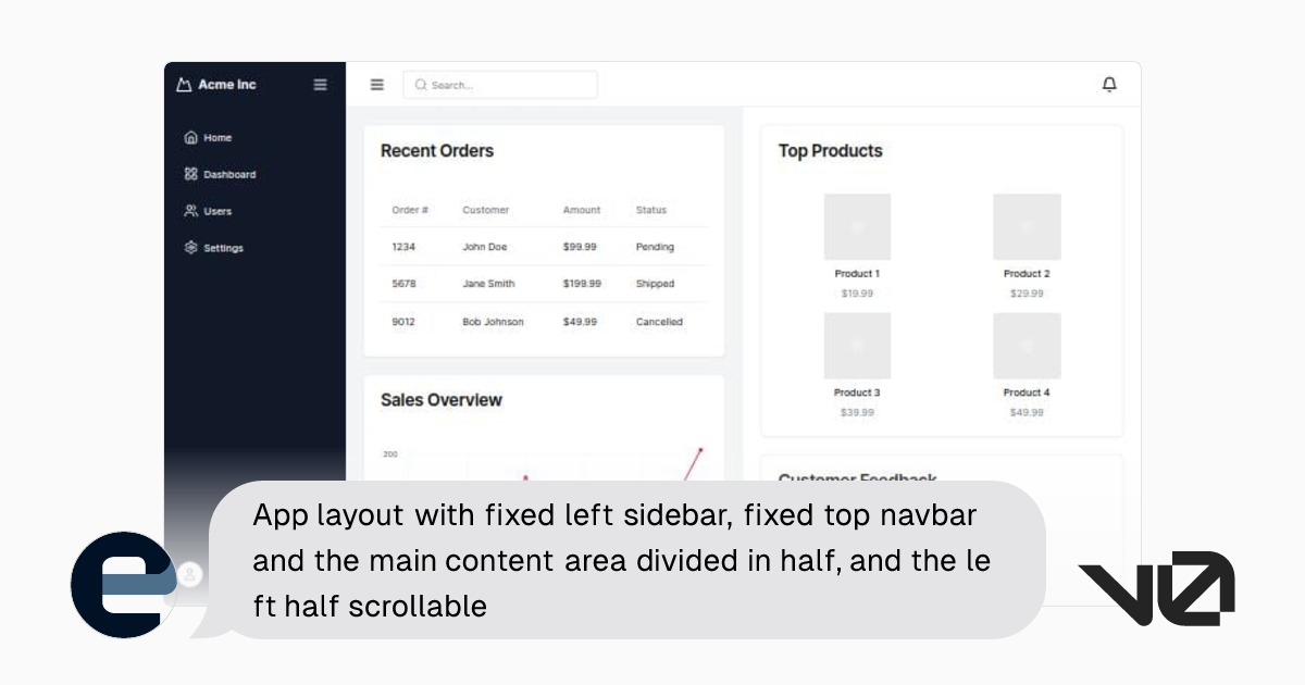 App layout with fixed left sidebar, fixed top navbar and the main content area divided in half ...
