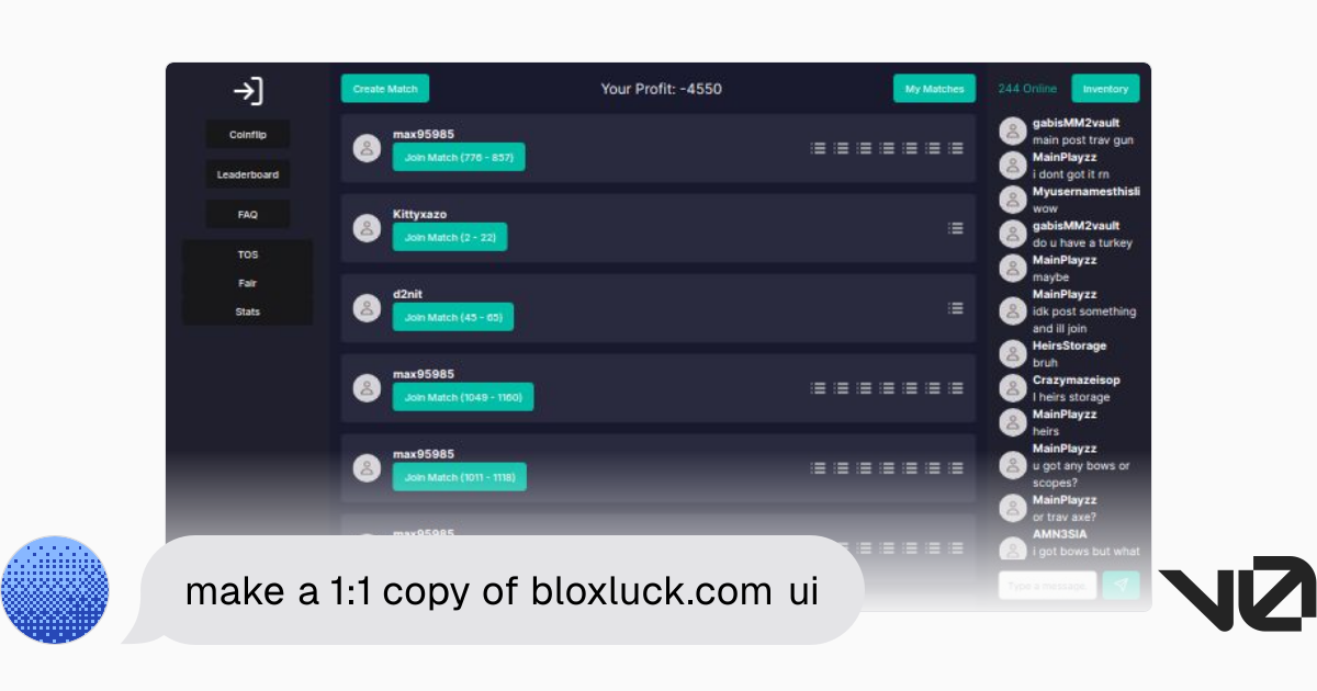 make a 1:1 copy of bloxluck.com ui | A shadcn/ui and v0 generation - v0