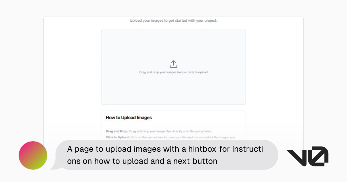 A page to upload images with a hintbox for instructions on how to upload and a next button | A ...